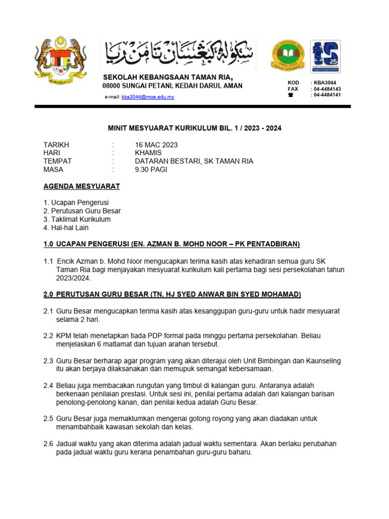 CONTOH MINIT MESYUARAT KURIKULUM | PDF