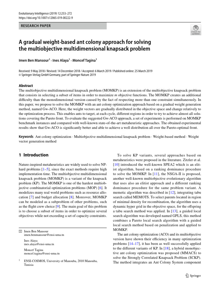 A Gradual Weight-Based Ant Colony Approach For Solving The Multiobjective Multidimensional ...