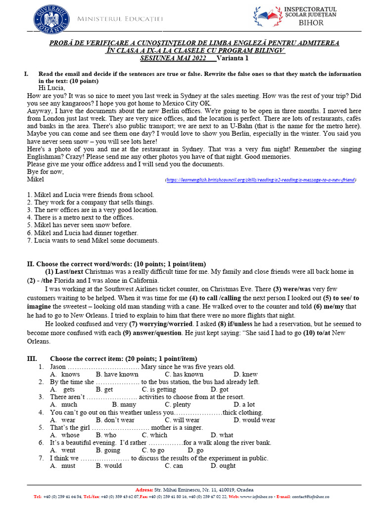 2022 Subiect Varianta 1 | PDF | Sports & Recreation | Home & Garden