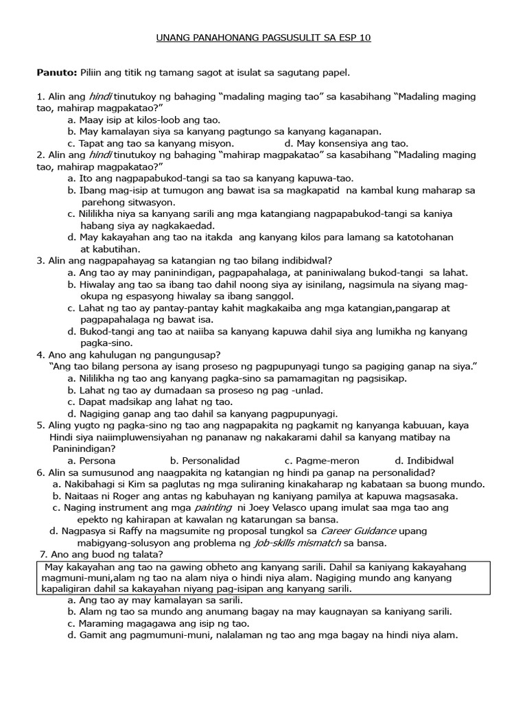 Esp 1st QTR Exam | PDF