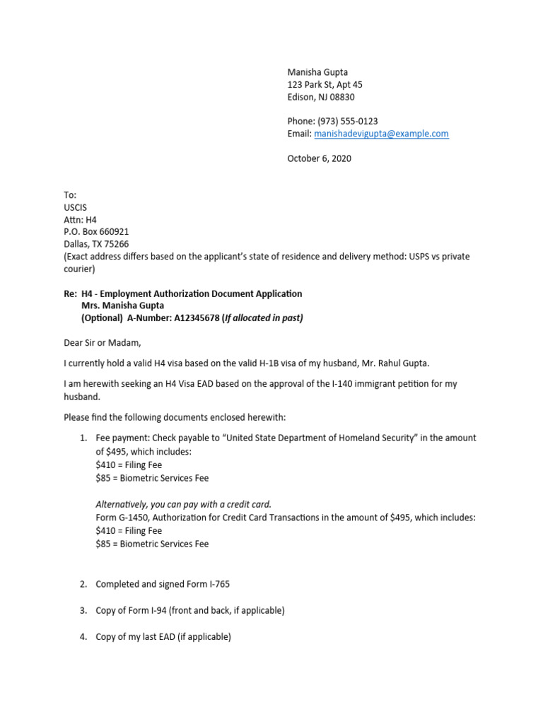 Sample h4 Visa Ead Cover Letter | PDF