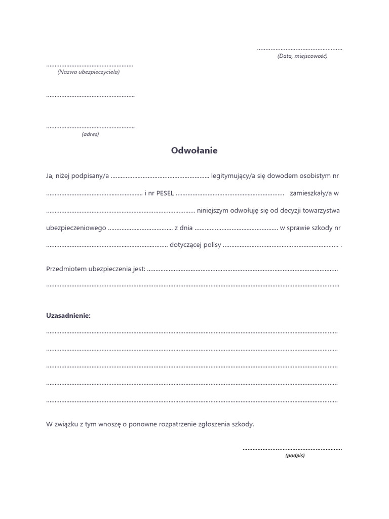 Odwolanie Od Decyzji Ubezpieczyciela JW | PDF