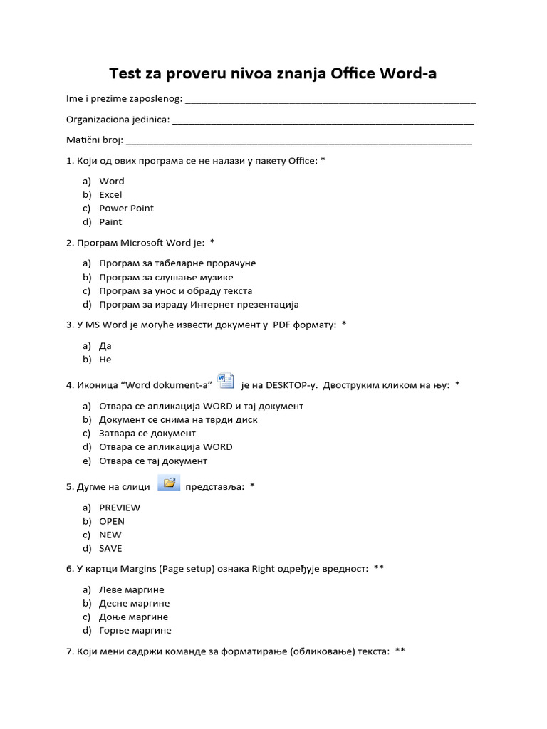 Test Za Proveru Nivoa Znanja Office Word | PDF