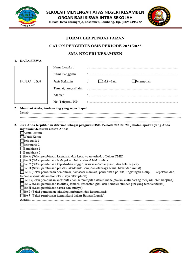 Bagi FORMULIR PENDAFTARAN OSIS | PDF