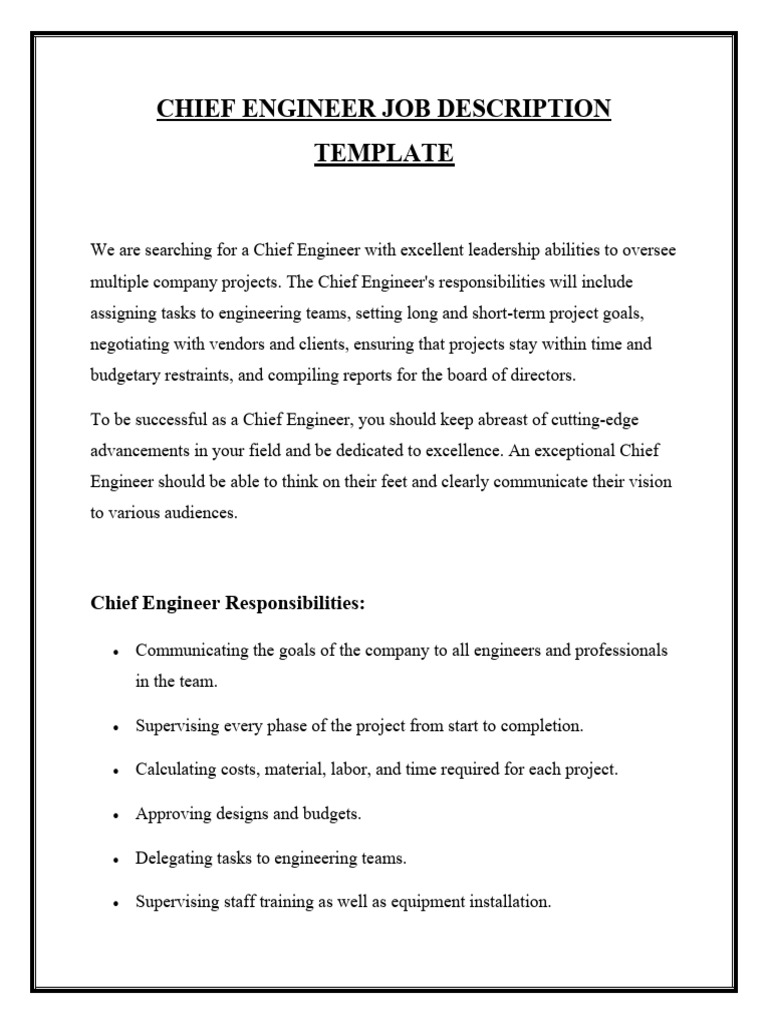 Chief Engineer Job Description Template | PDF