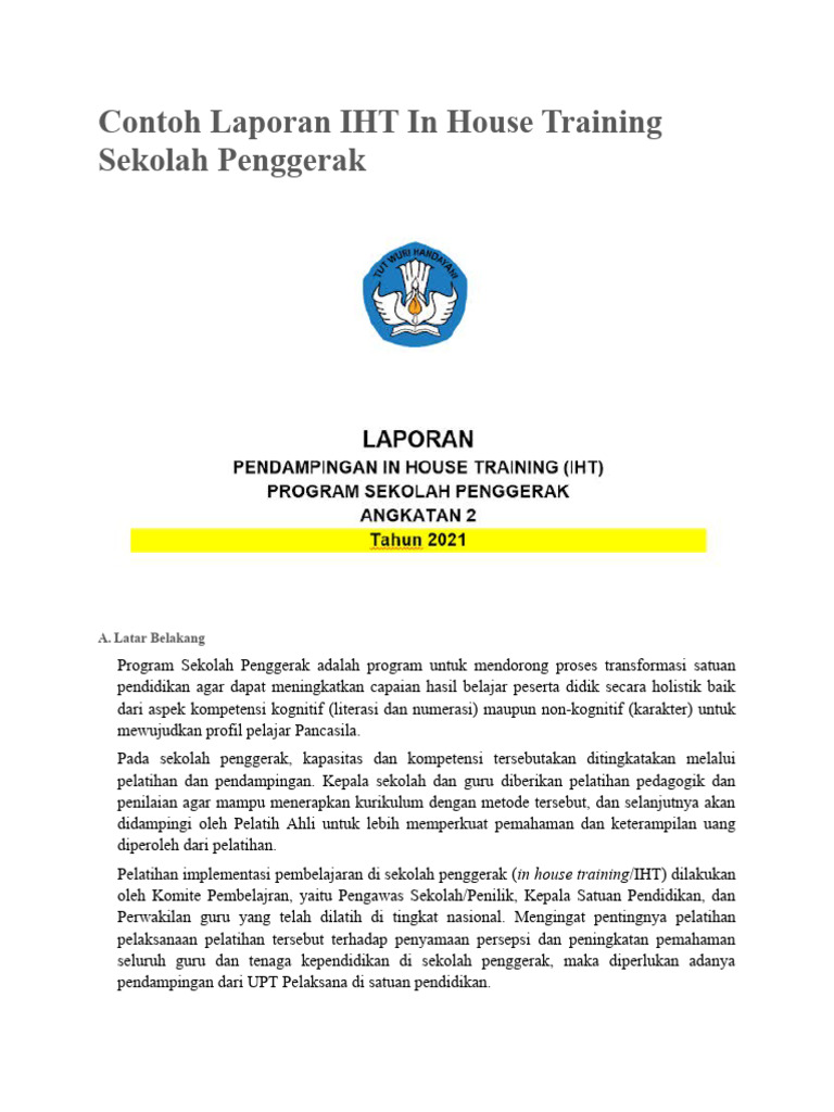 Contoh Laporan IHT In House Training Sekolah Penggerak | PDF