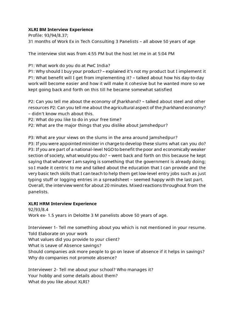 XLRI Interview Experiences Summary | PDF