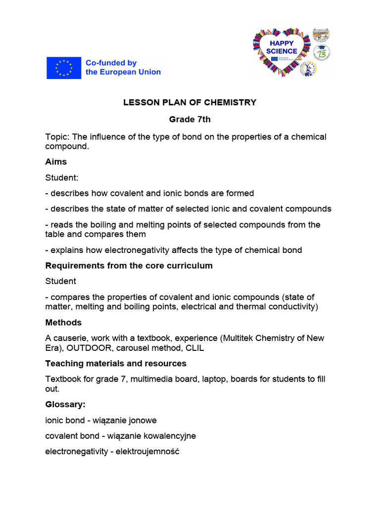 Lesson Plan of Chemistry - Types of Bonds | PDF