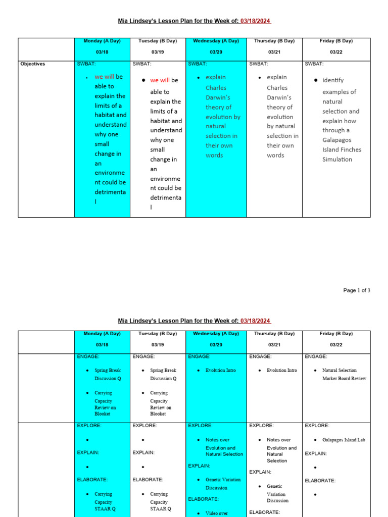 Weekly Lesson Plan: Evolution & Habitats | PDF | Natural Selection | Change