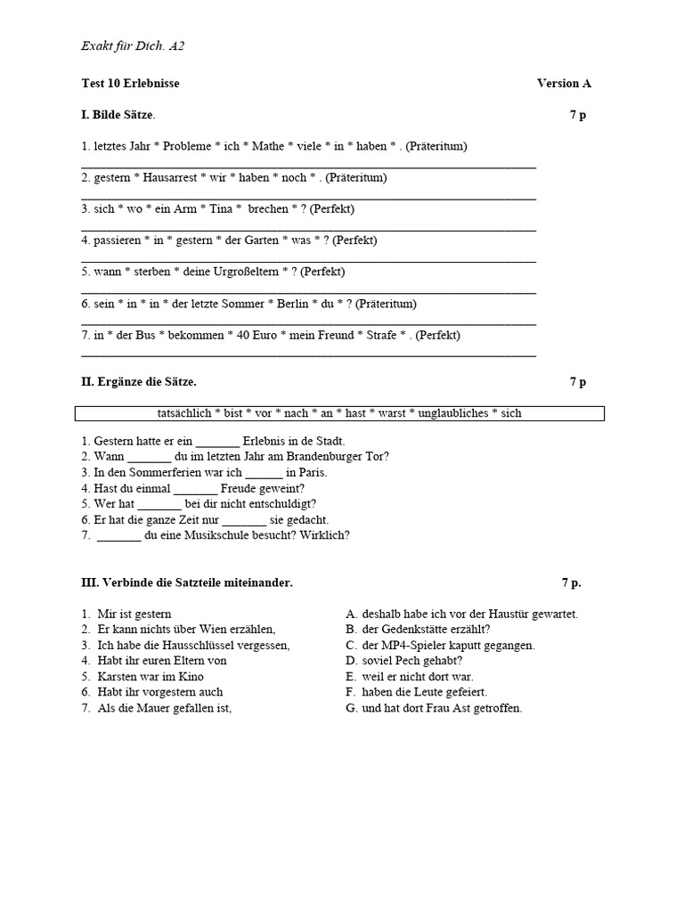 15 Exakt Fuer Dich A2 Lektion 8 Test A | PDF