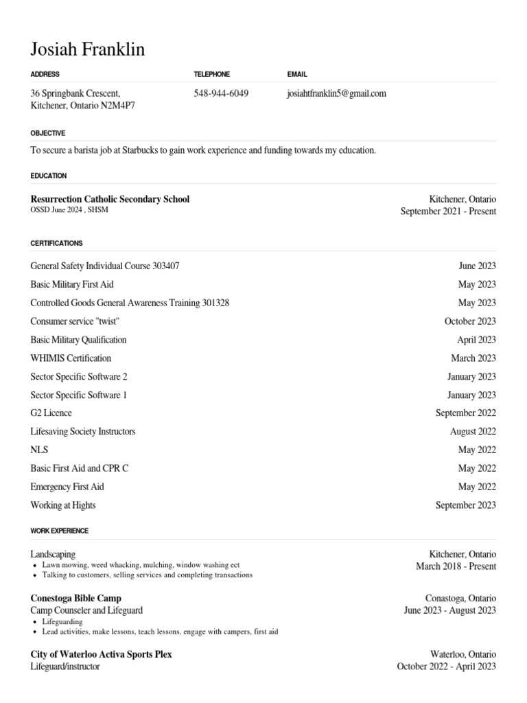 Josiah Franklin Resume - Starbucks | PDF