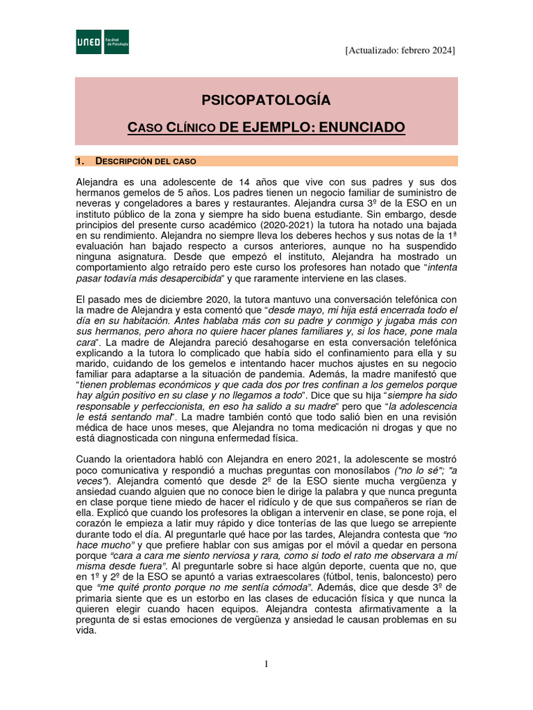 PEC de Ejemplo - Enunciado Psicopatología | PDF | Manual Diagnóstico y Estadístico de los ...