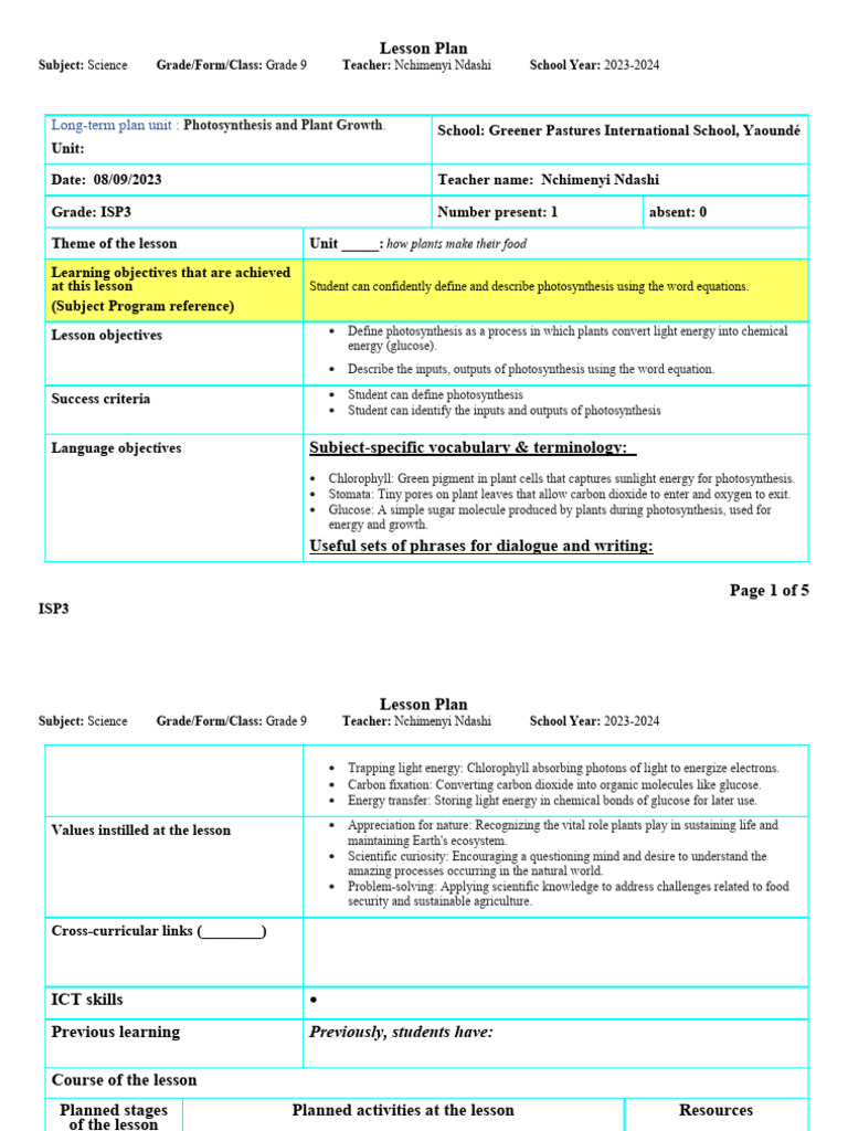 Grade 9 Photosynthesis Lesson Plan | PDF | Photosynthesis | Plants