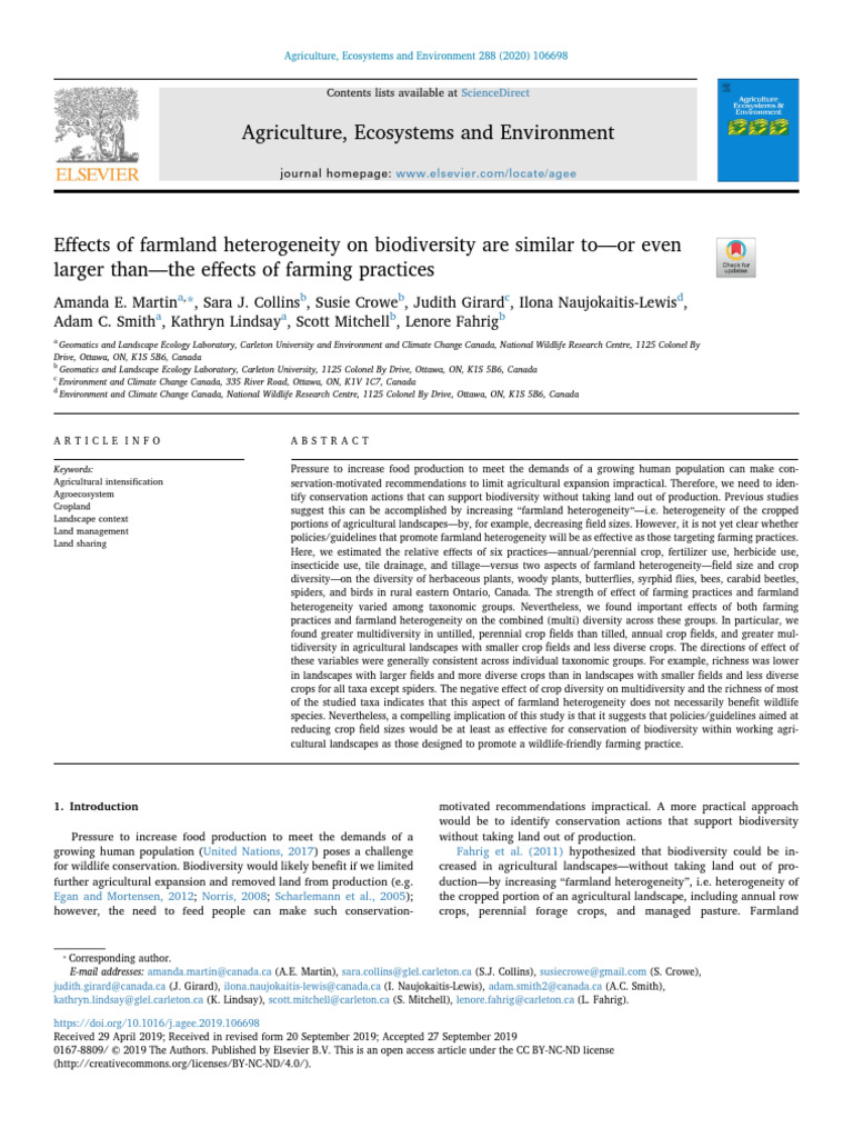 Effects of Farmland Heterogeneity On Biodiversity | PDF | Agriculture ...