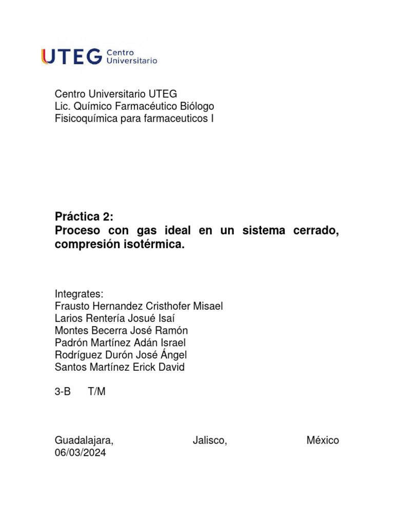 Segundo Reporte de Práctica - Fiscoquímica para Farmacéuticos. | PDF | Gases | Presión