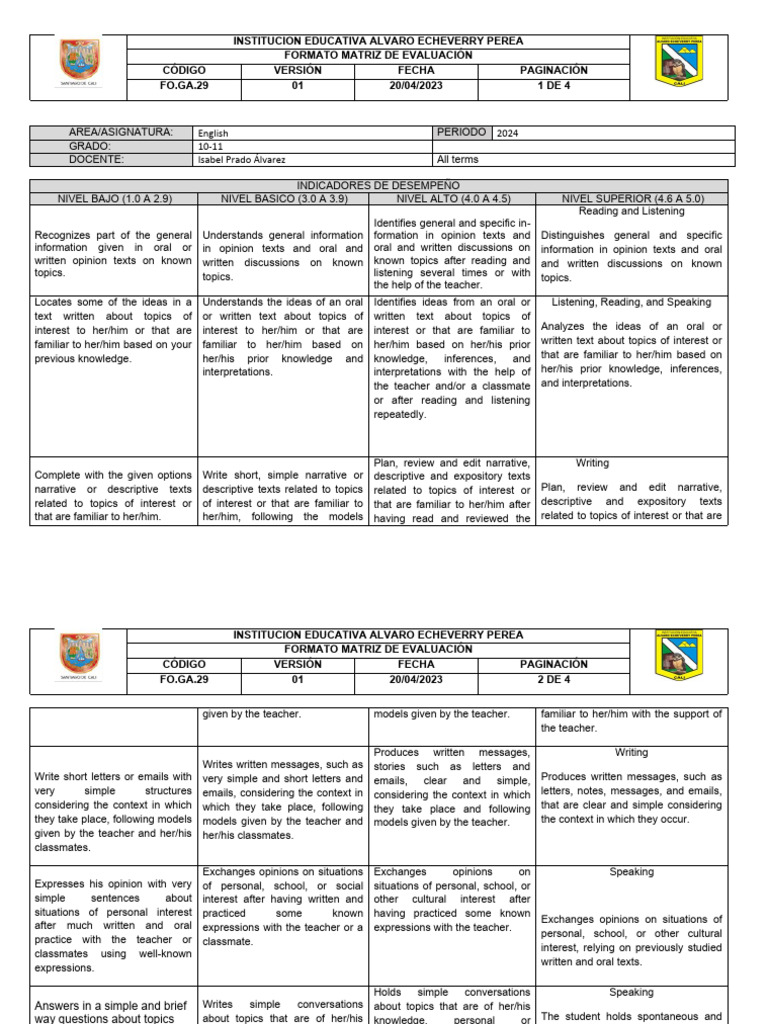 English 2024 Matriz de Evaluación Grados 10-11 | Download Free PDF ...