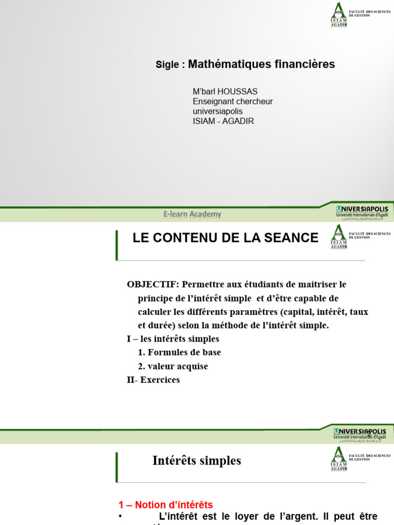 Presentation Mooc Math Fin Cap2 Séance 1 (4) | PDF | Taux d'intérêt | Prêts