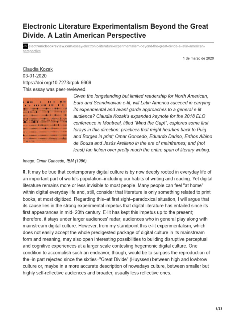 Electronic Literature Experimentalism Beyond The Great Divide A Latin ...