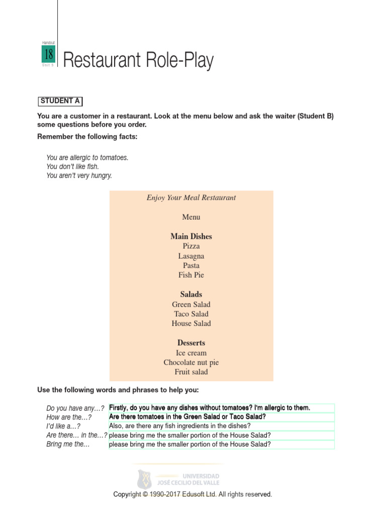 09 Basic II Handout 18 Unit 5 Enjoy Your Meal Restaurant Role Play ...