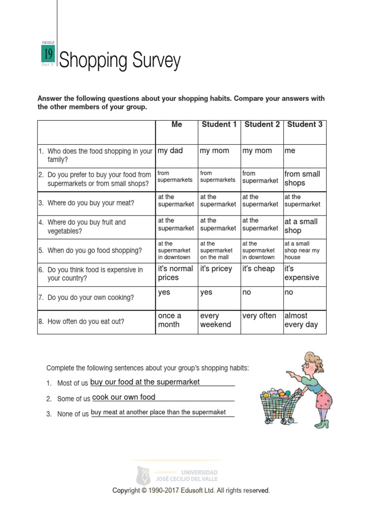 10-Basic-II-Handout-19-Unit-5-Enjoy-Your-Meal-Shopping-Survey | PDF