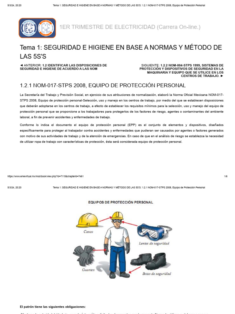 Tema 1 - SEGURIDAD E HIGIENE EN BASE A NORMAS Y MÉTODO DE LAS 5S'S - 1.2.1 NOM-017-STPS 2008 ...