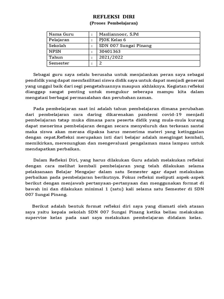 Refleksi Diri Kegiatan Pembelajaran PJOK | PDF | Karier & Perkembangan