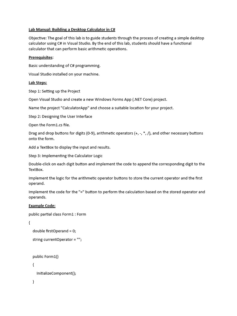 Lab 1 Manual Pdf C Sharp Programming Language Calculator