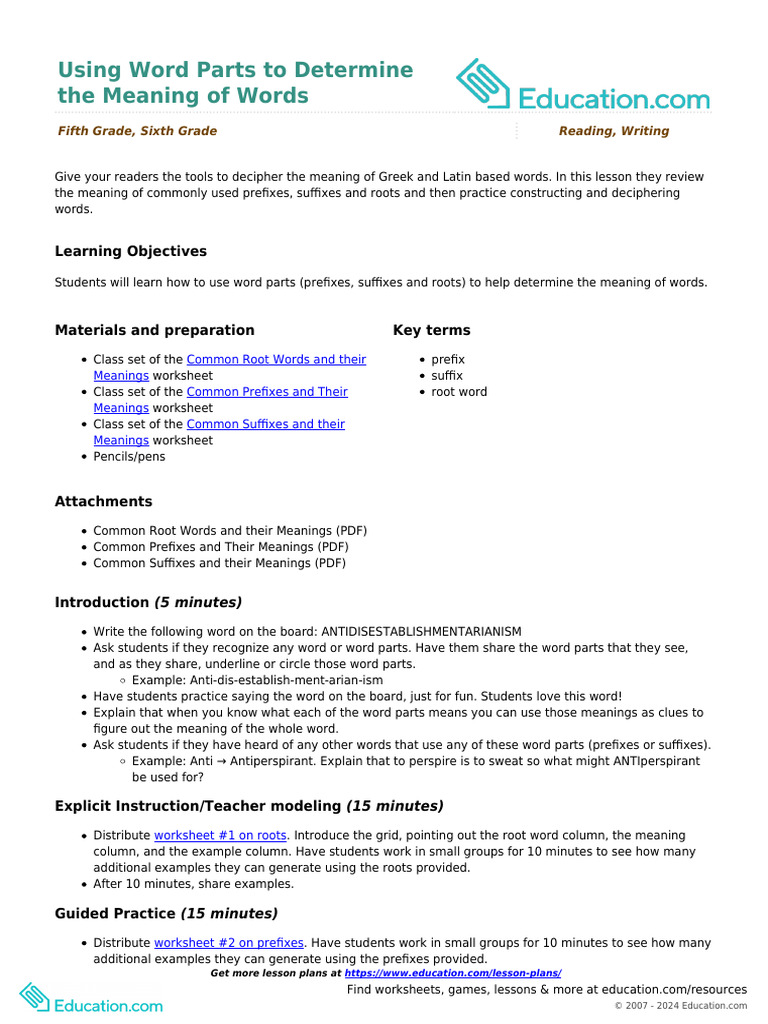 Using Word Parts To Determine The Meaning of Words: Learning Objectives ...