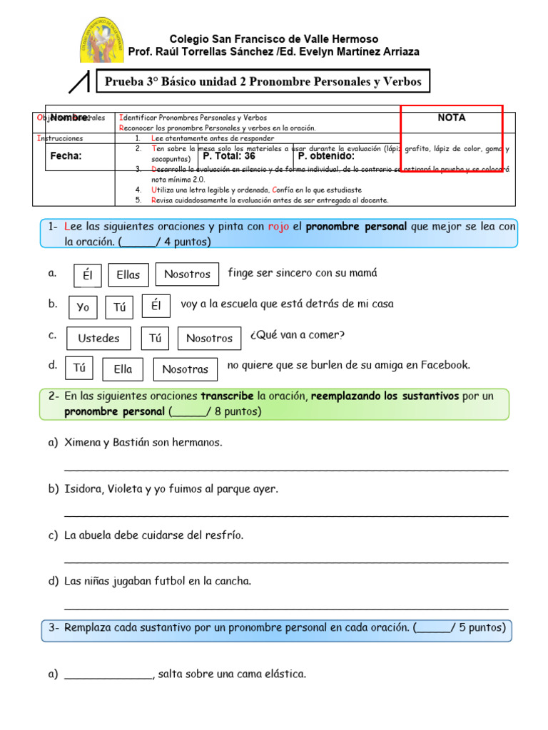 Evaluación de Pronombres Personales 3° Básico | PDF | Unidades ...