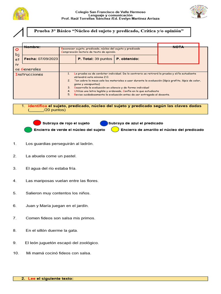 Evaluación 3° Núcelo Del Sujeto y Predicado y Critica | PDF | Mario