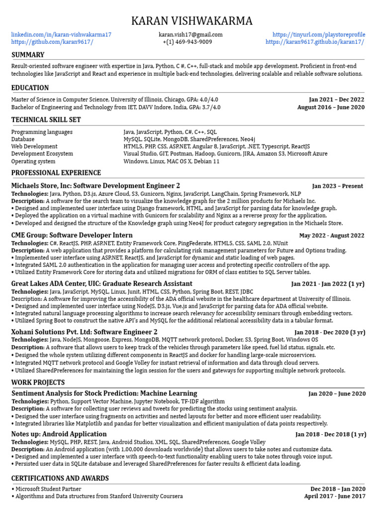 Resume (Karan Vishwakarma) | PDF | Web Application | Java Script
