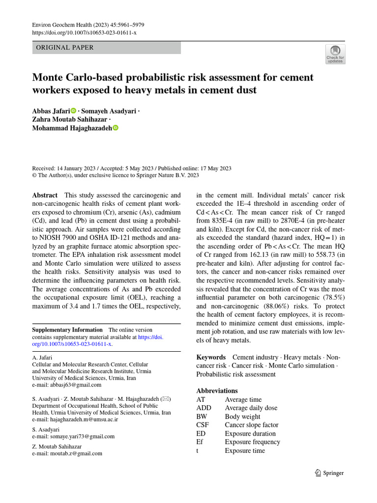Monte Carlo Based Probabilistic Risk Assessment For Cement Workers ...