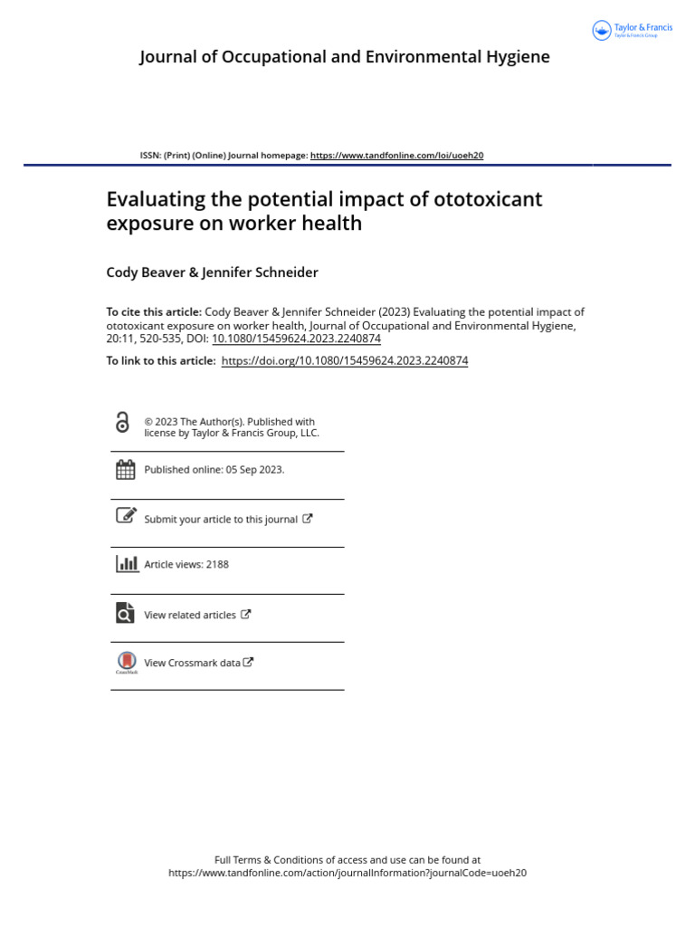 Ototoxicant Exposure and Worker Health | PDF | Occupational Safety And ...