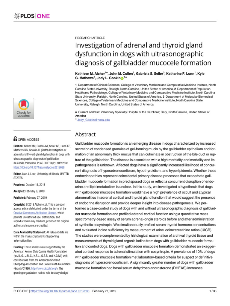 Adrenal and Thyroid Dysfunction in Dogs With Mucocele PLOS One 2019 ...