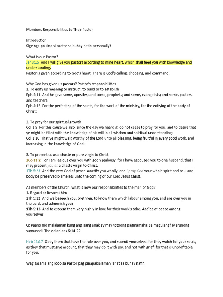 Members Responsibillities To Their Pastor | PDF | Jesus | Religious ...