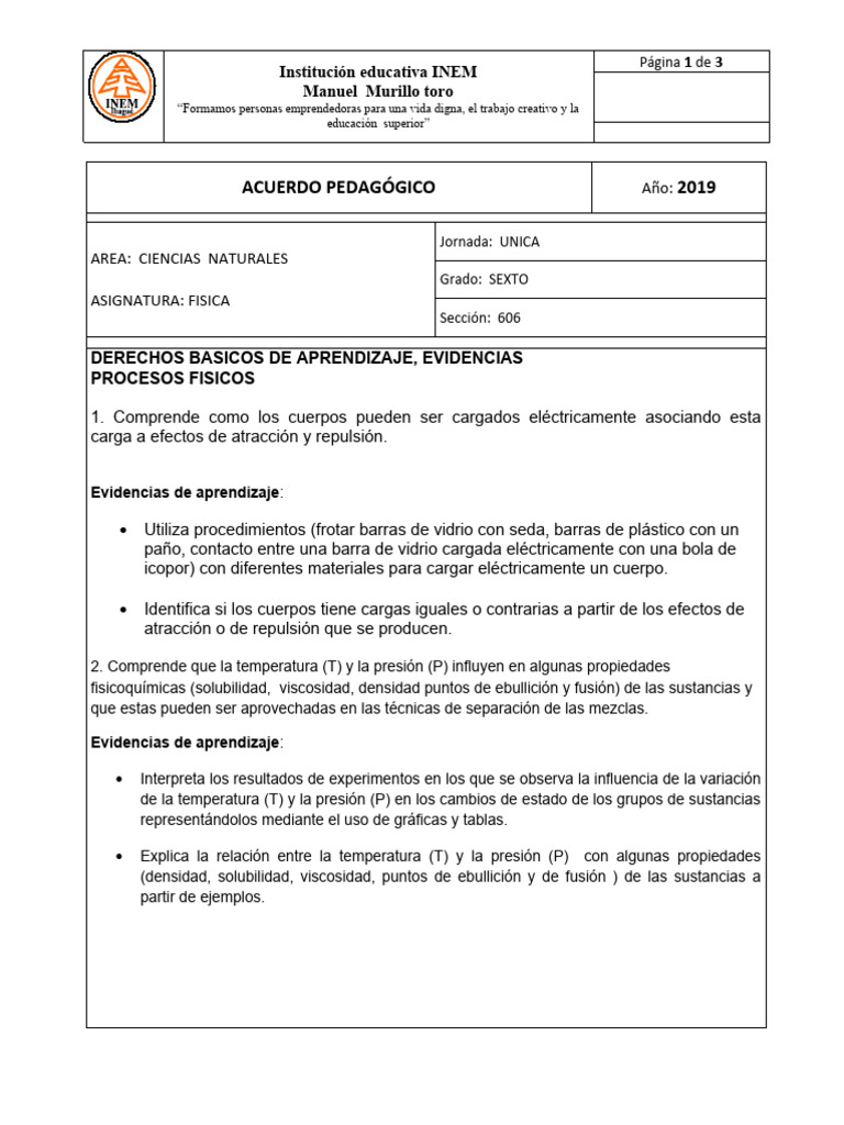 Acuerdo Pedagogico 06 Inem 2019-Fisica | PDF | Evaluación | Aprendizaje