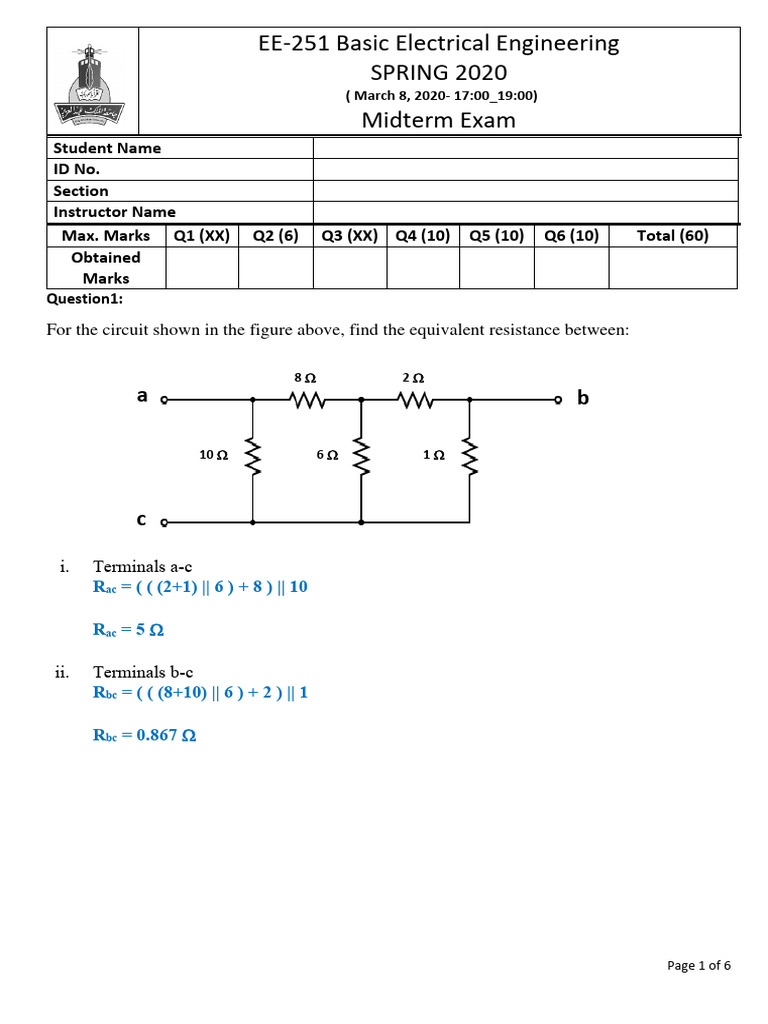 Electrical Engineering Midterm Exam Solutions | PDF | Electrical Network | Analog Circuits