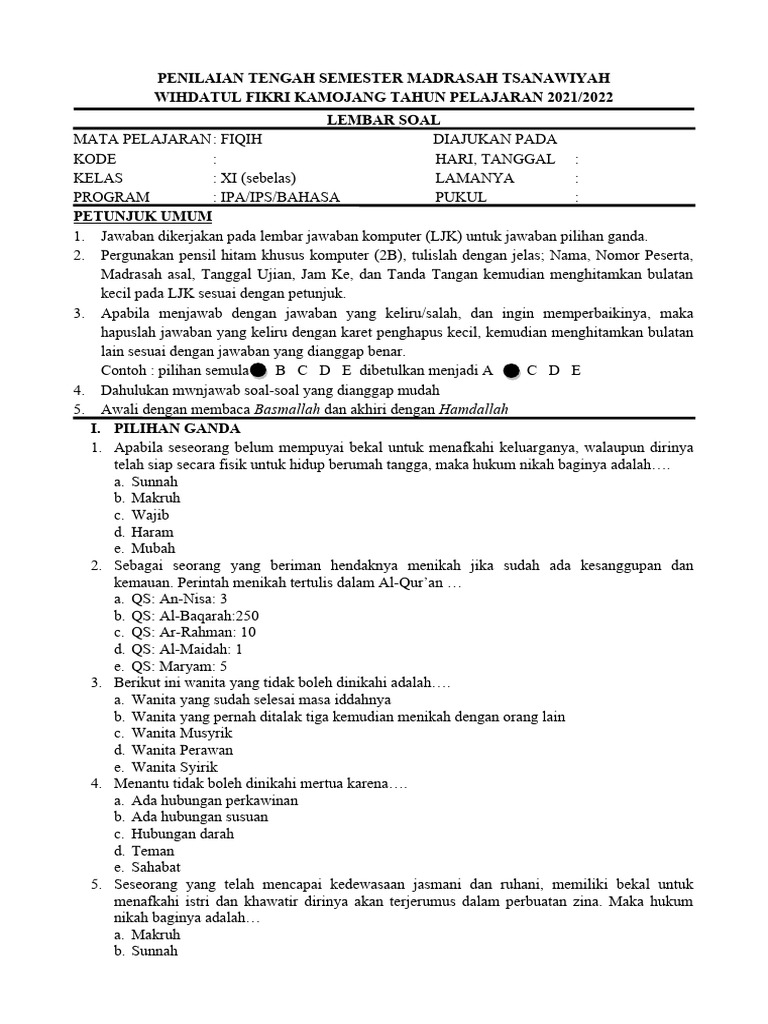 Lembar Soal PAT FIQIH Kelas | PDF