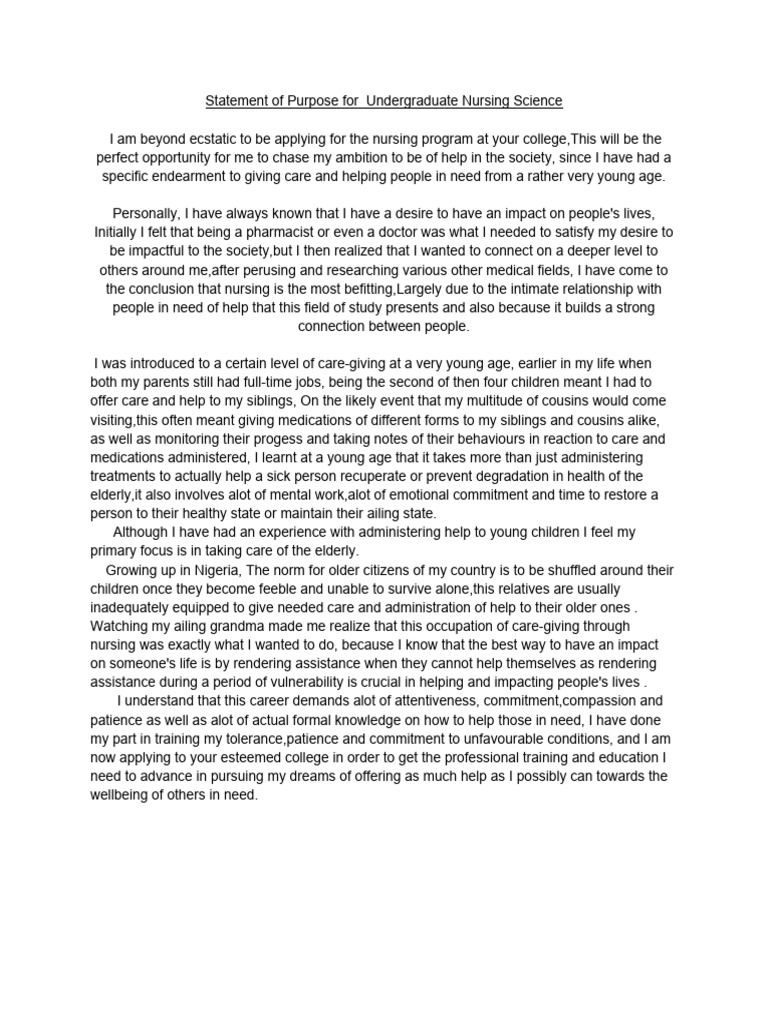 Statement of Purpose For Undergraduate Nursing Science | PDF | Nursing ...