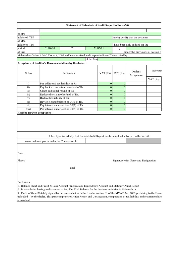 Statement of Submissin of Audit Report in Form-704 | PDF | Debits And ...