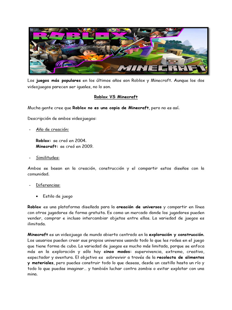 Roblox VS Minecraft - 8 - 11 - 071023 | PDF | Minecraft | Diseño de ...