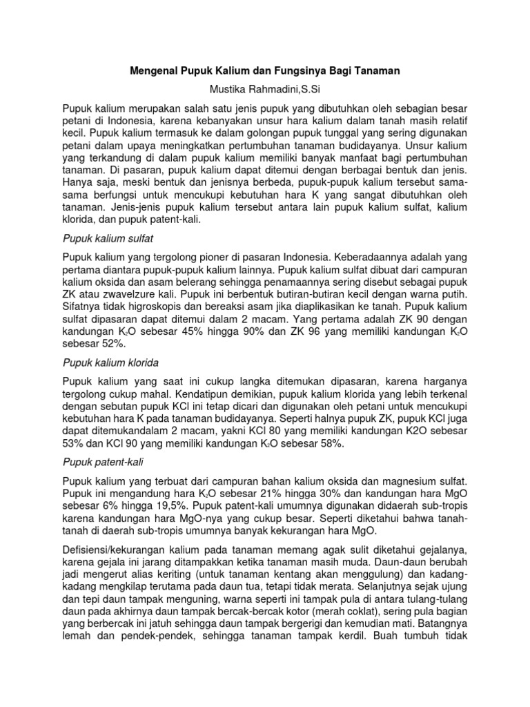Mengenal Pupuk Kalium Dan Fungsinya Bagi Tanaman | PDF