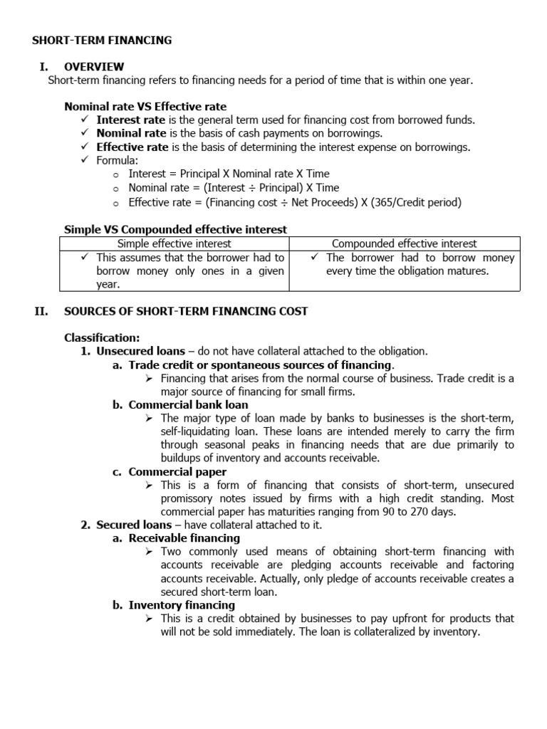 Short-Term Financing Overview and Costs | PDF | Finance & Money ...