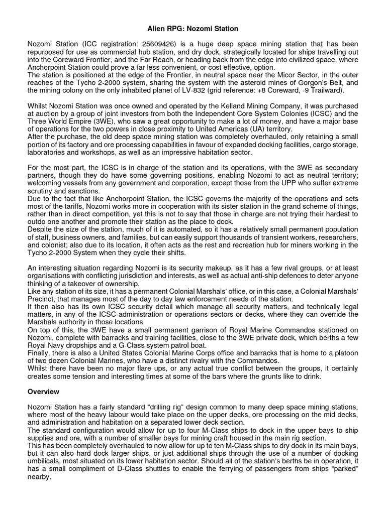 Alien RPG Nozomi Station Details (Complete) .PDF Version 1 | PDF | Brothel | Hotel