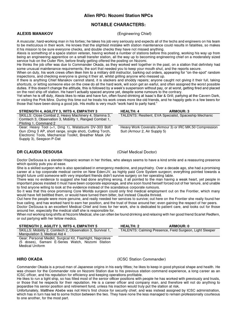 Alien RPG Nozomi Station NPCs - PDF Version 2 | PDF | Armour | Platoon