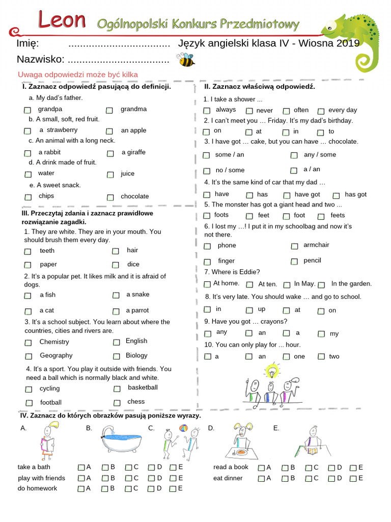 ANGIELSKI Klasa IV Wiosna 2019 Konkurs Leon | PDF