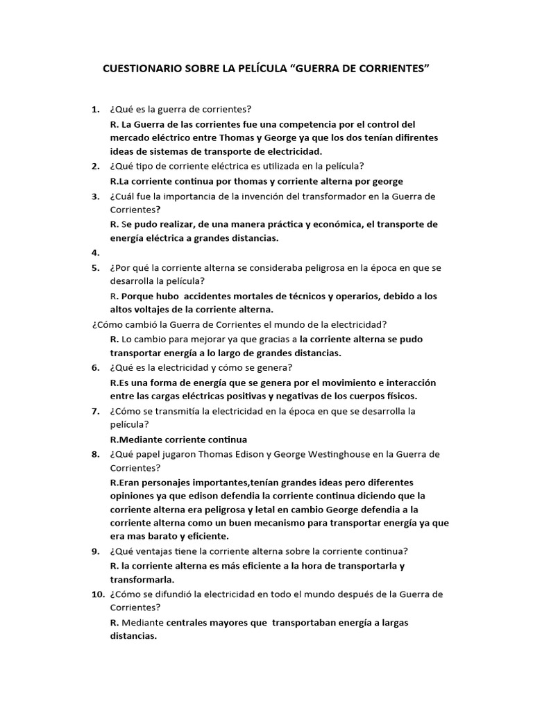 Cuestionario Sobre La Película | PDF | Ingenieria Eléctrica | Corriente ...
