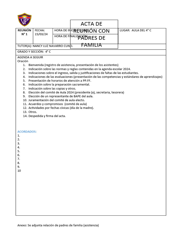 Acta de Reunión Con Los Padres 2024 | PDF