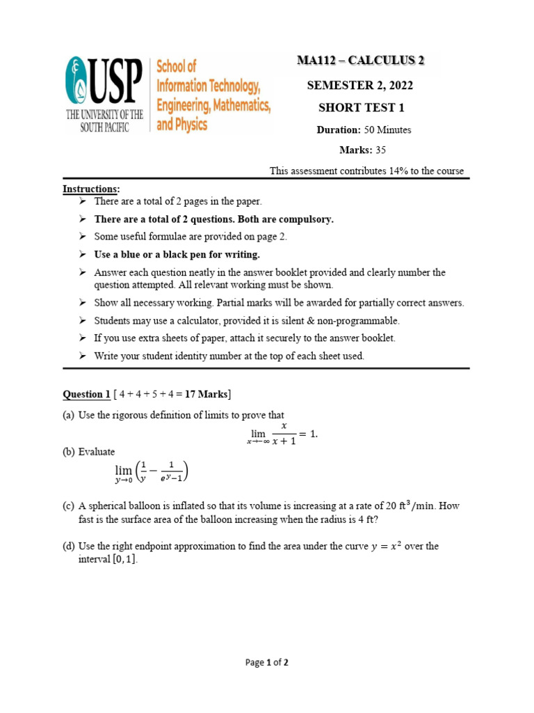 MA112 Short Test 1 - S2 - 2022 | PDF | Area | Geometry