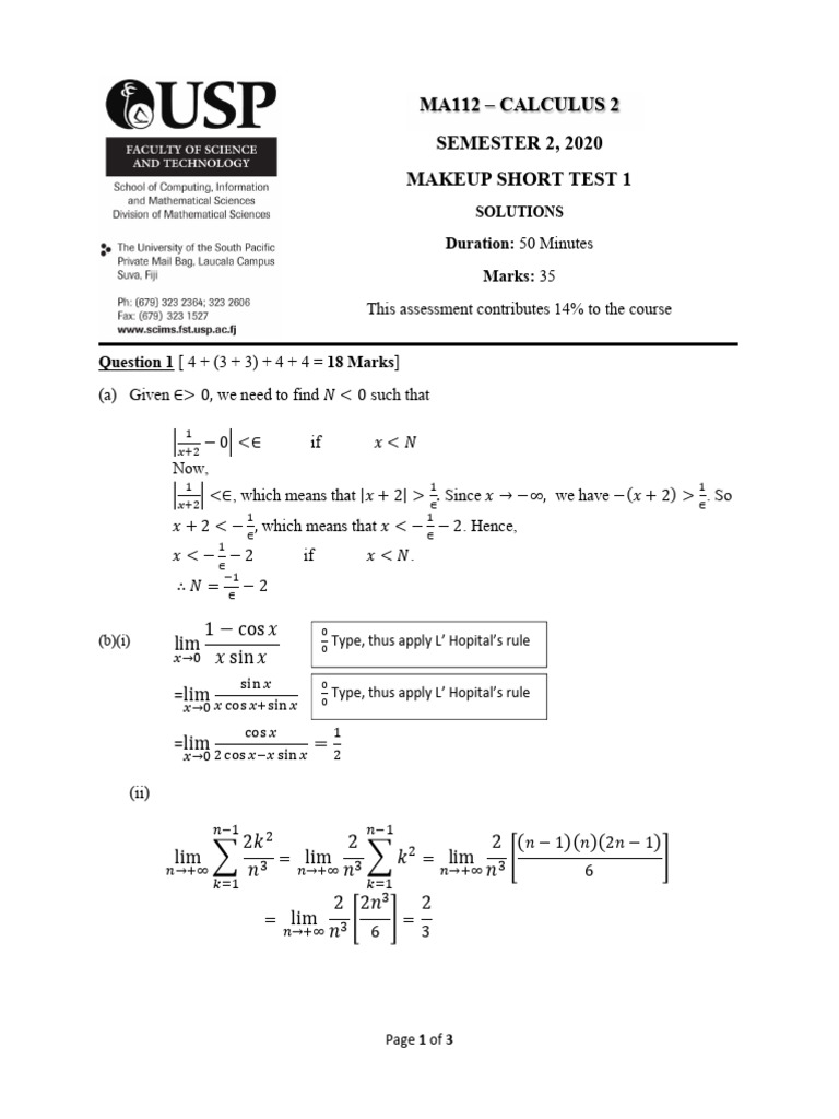 MA112 - Makeup - Test 1 - S2 - 2020 - Solutions | PDF